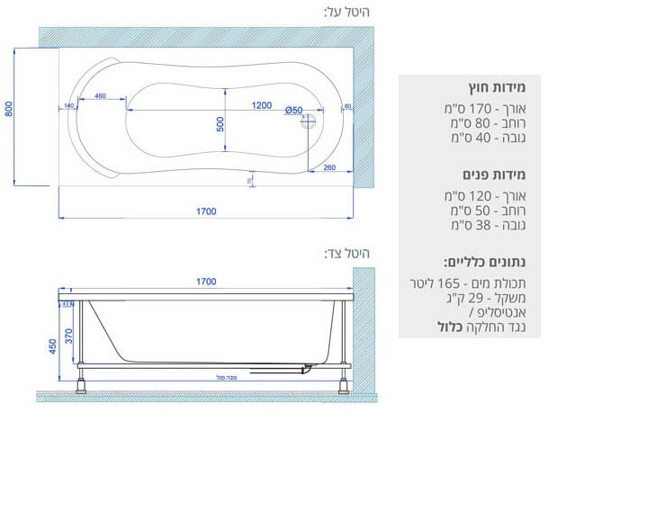 אמבטיה אקרילית מלבנית 80*170 ס"מ MTI-85 - שרון קרמיקה
